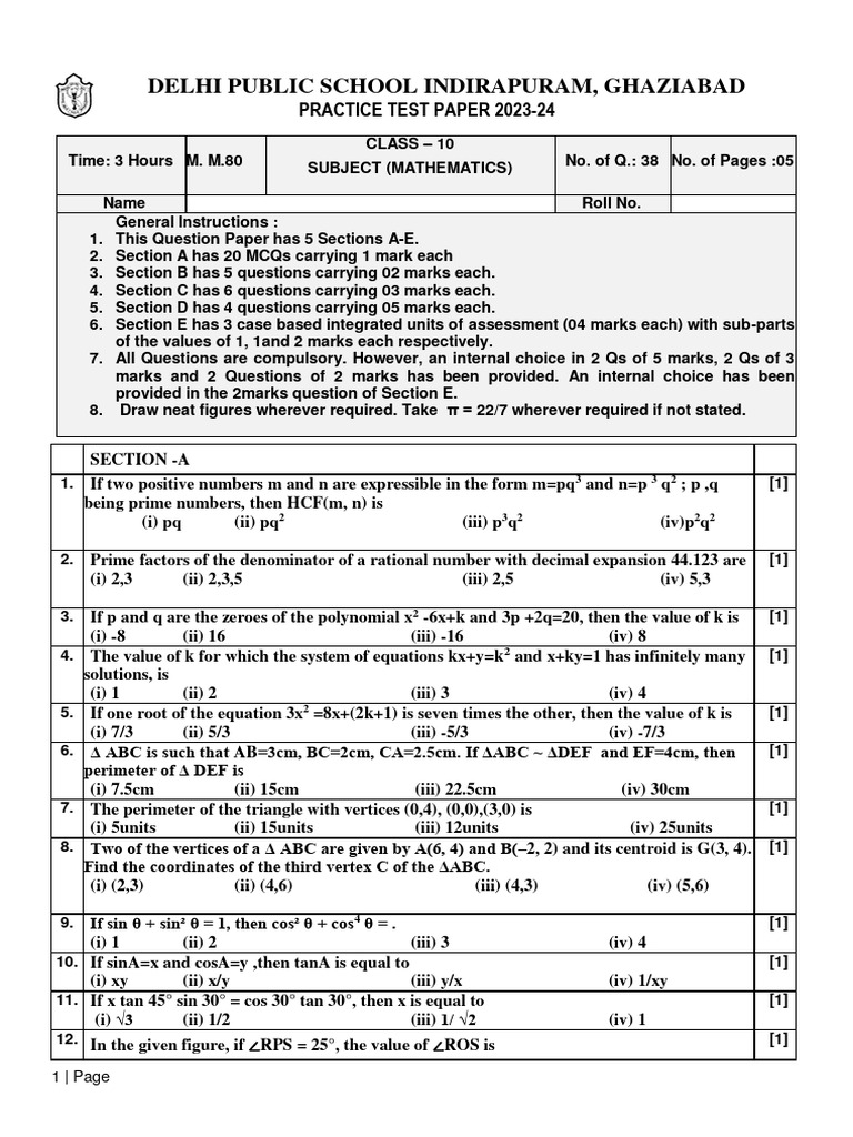 Class X Maths Practice Paper 2023-24 (DPS, GZD) | PDF | Circle | Area