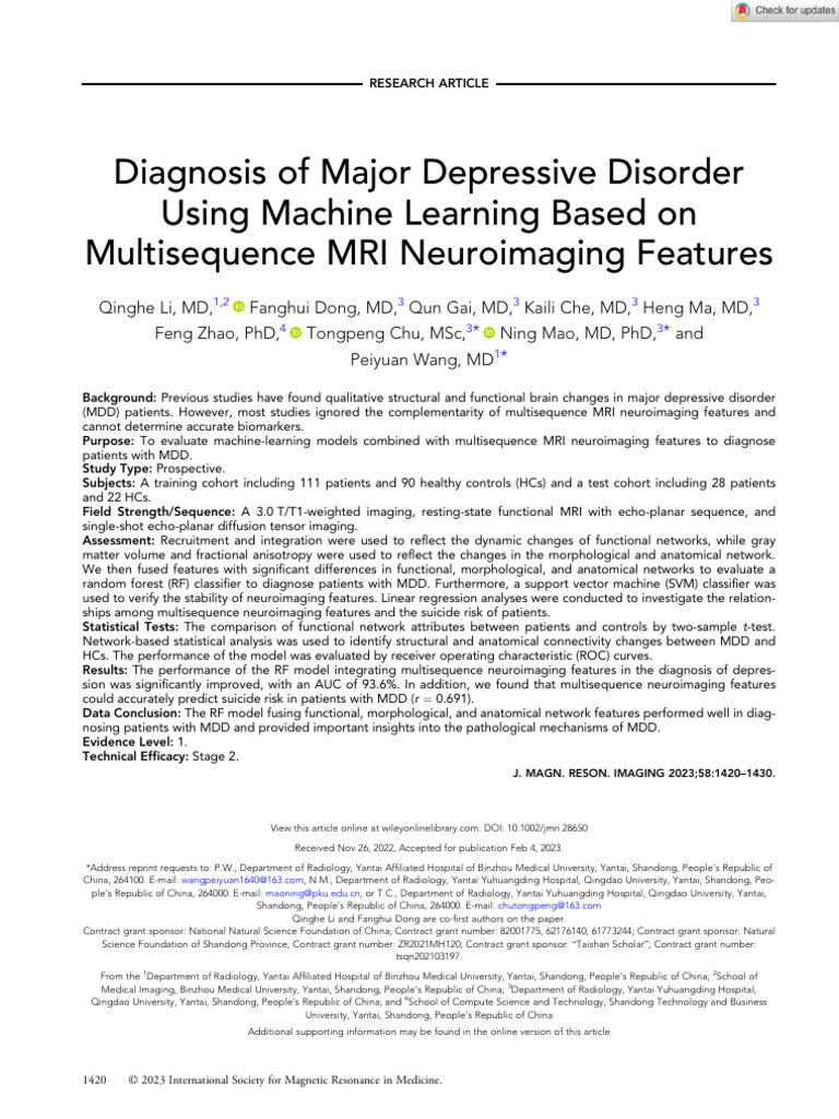 Magnetic Resonance Imaging - 2023 - Li - Diagnosis of Major Depressive ...