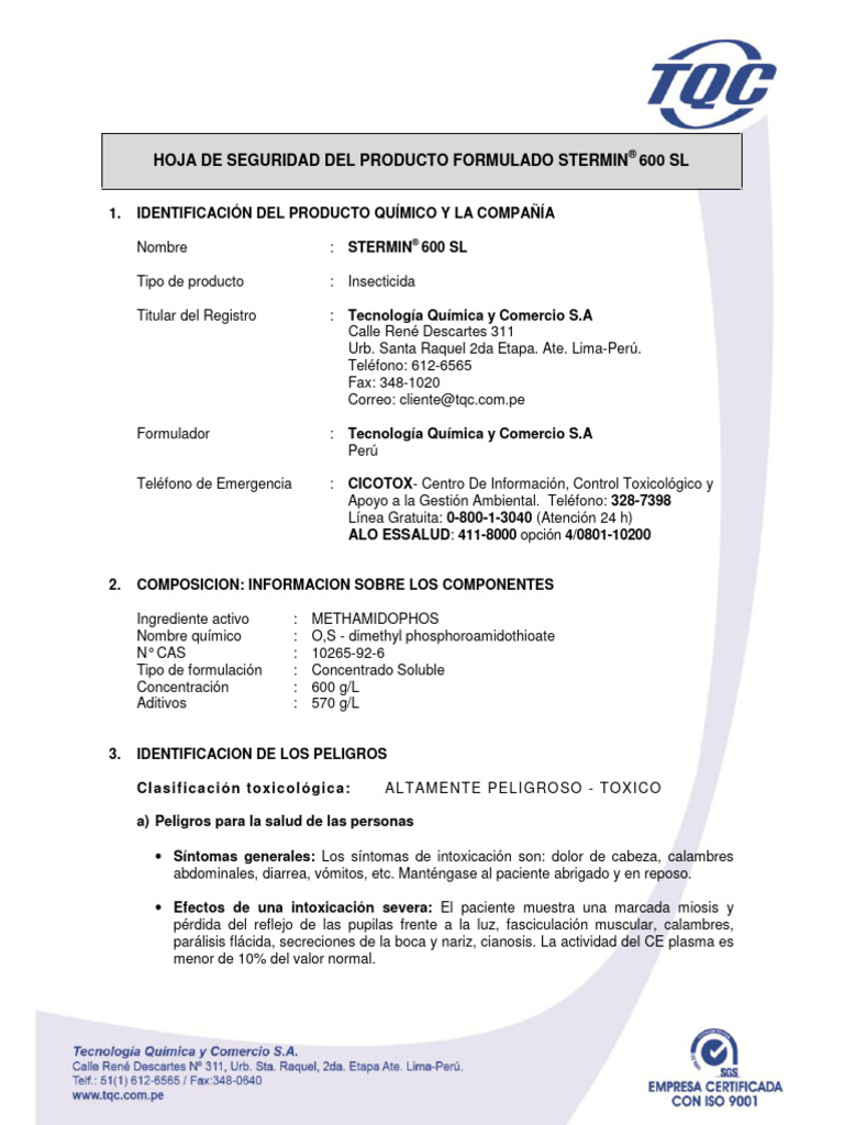 Stermin 600 SL - Hoja de Seguridad | PDF | Agua | Química
