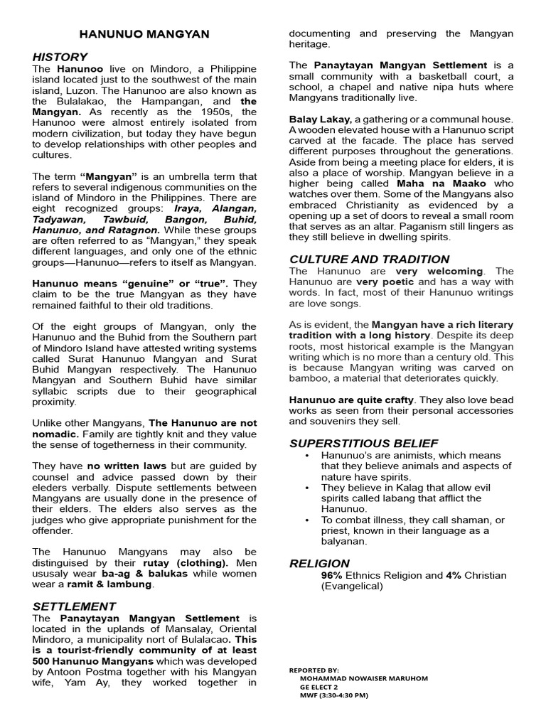 Hanunuo Mangyan - Handouts | PDF | Ethnicity | Ethnic Groups