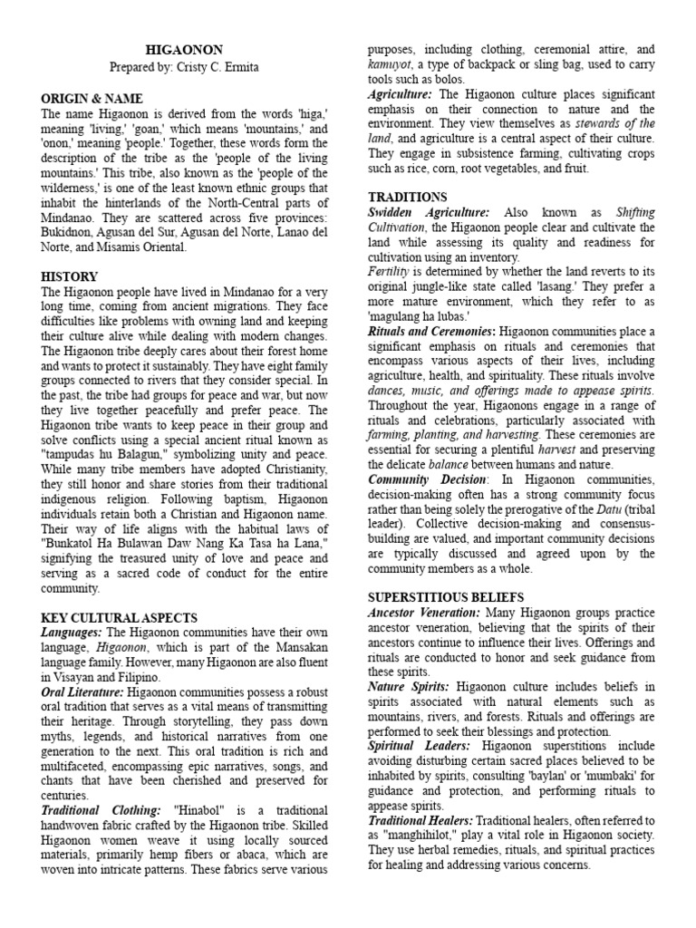 Higaonon Handout Ermita | PDF | Agriculture | Rituals