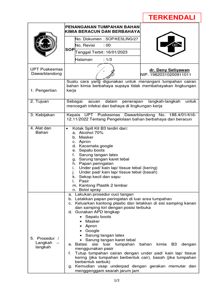 Sop Penanganan Tumpahan Bahan Kimia, Beracun Dan Berbahaya | PDF