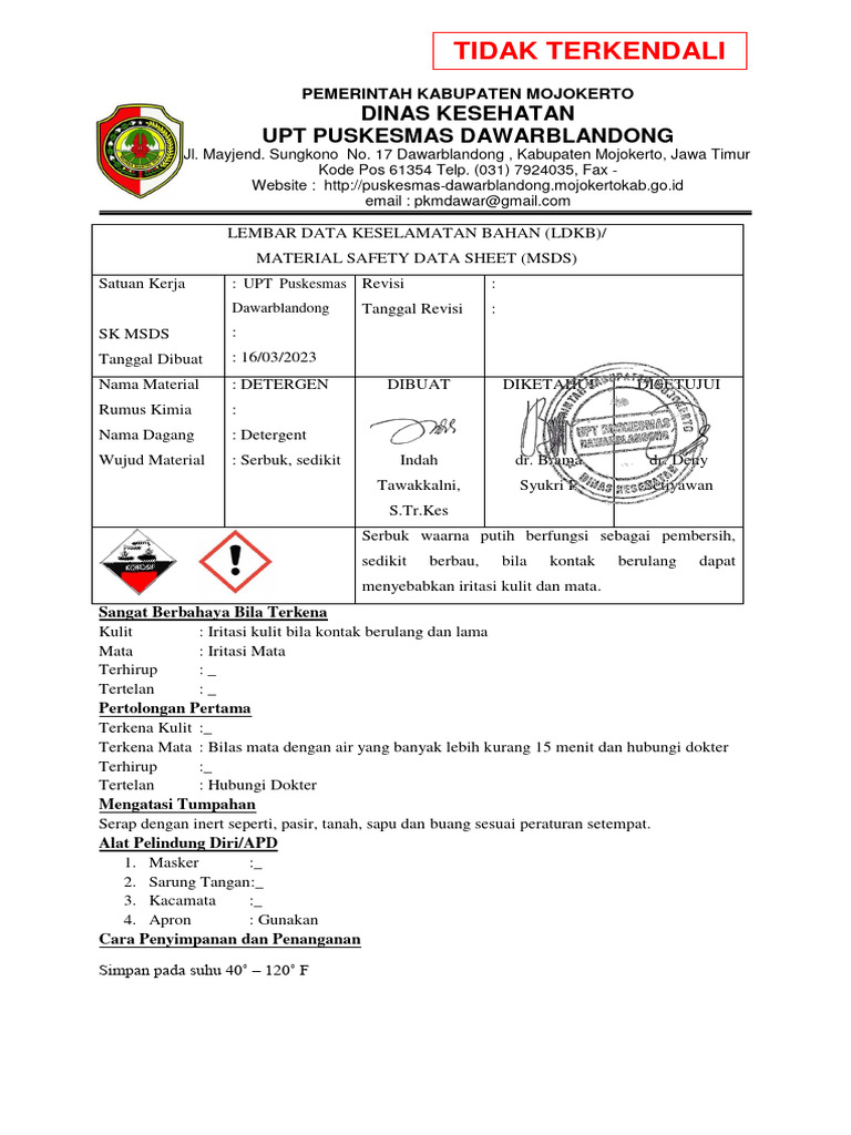 Msds Detergen (Lembar Data Keselamatan Bahan) | PDF