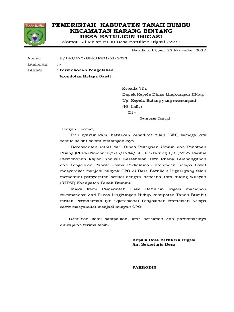 SURAT KE DLH DESA BATULICIN IRIGASI | PDF