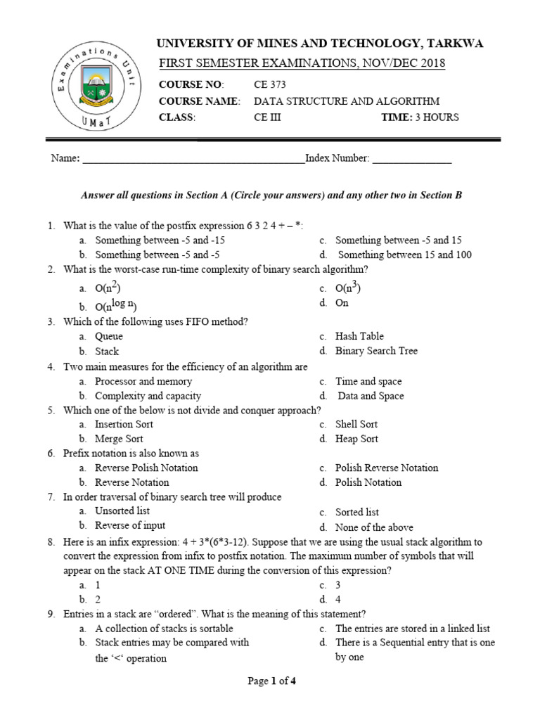 Data Structures and Algorithms Exam Questions | PDF | Time Complexity ...