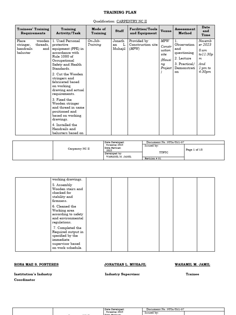 ok-SWBL-Training Plan | PDF | Carpentry | Safety