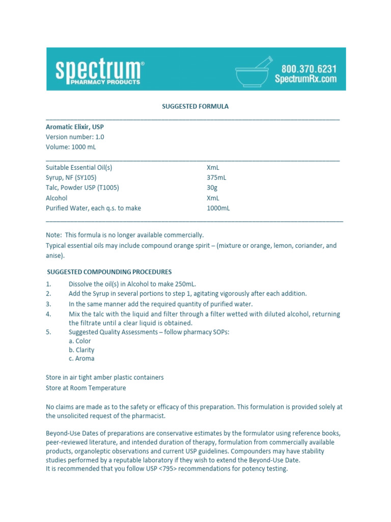 Aromatic Elixir | PDF | Purified Water | Pharmaceutical Formulation