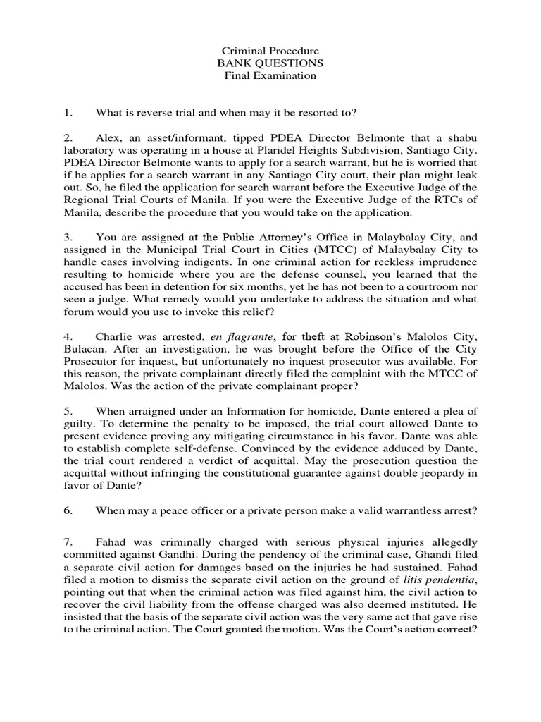 BANK QUESTIONS Final Exam Criminal Procedure | PDF | Arrest | Prosecutor