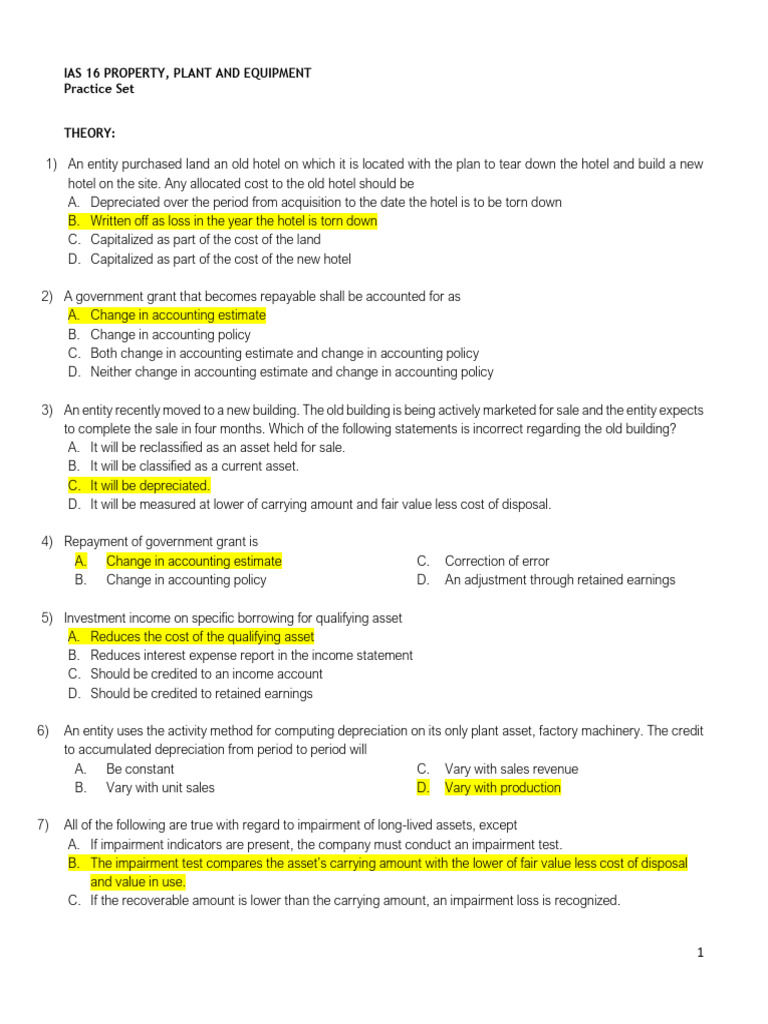 IAS 16 Practice Set: PPE Accounting Issues | PDF | Depreciation | Expense