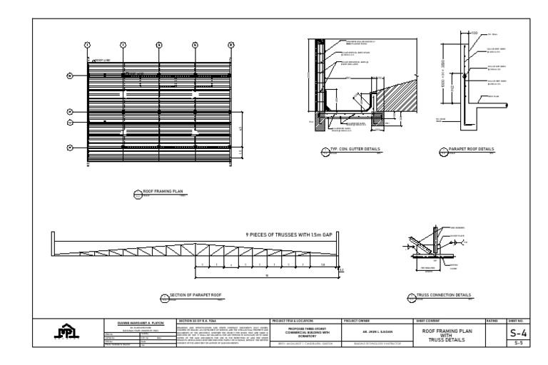 9 Pieces of Trusses With 1.5M Gap: Typ. Con. Gutter Details Parapet ...