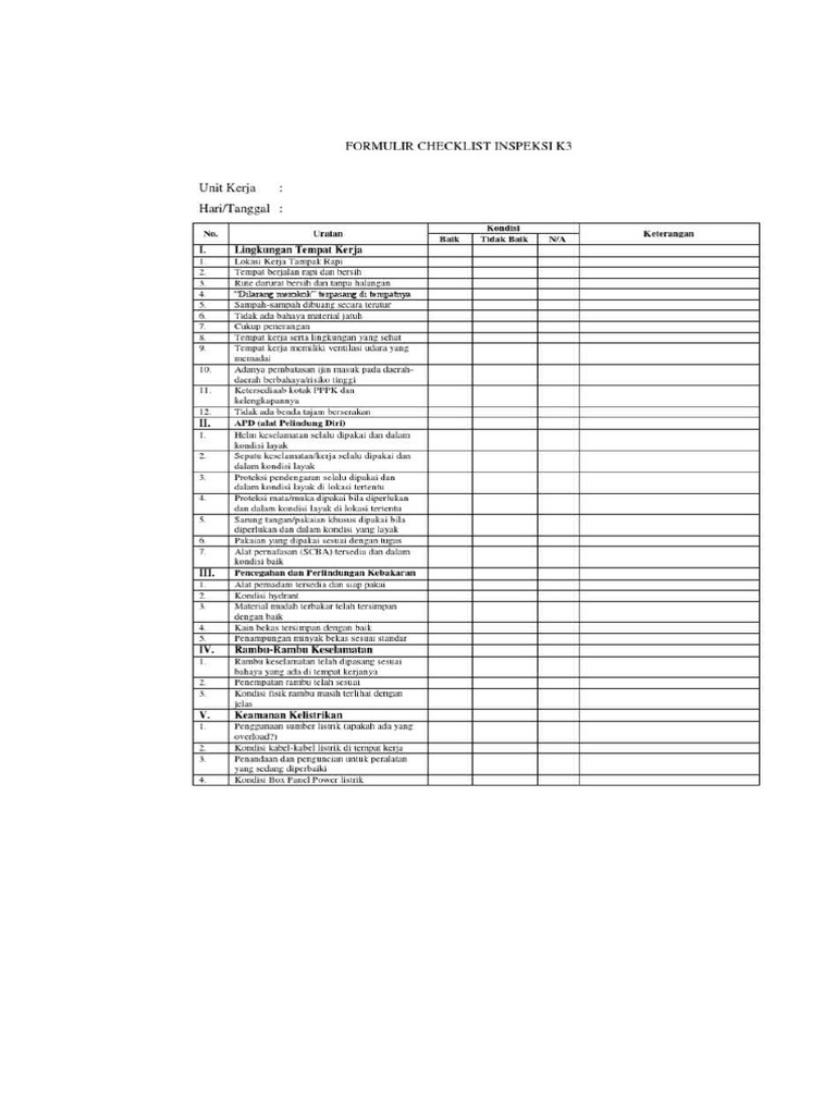 Ceklist Inspeksi K3 | PDF