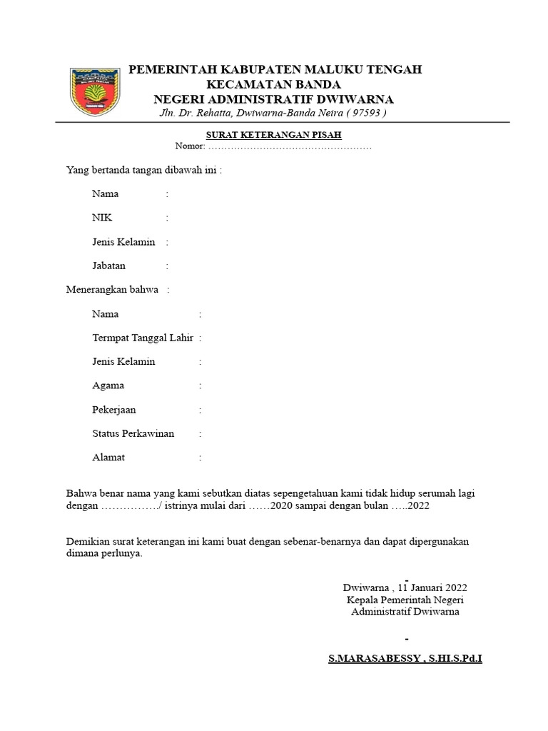 Surat Keterangan Pisah 2022 | PDF Surat Keterangan Pisah 2022 | PDF