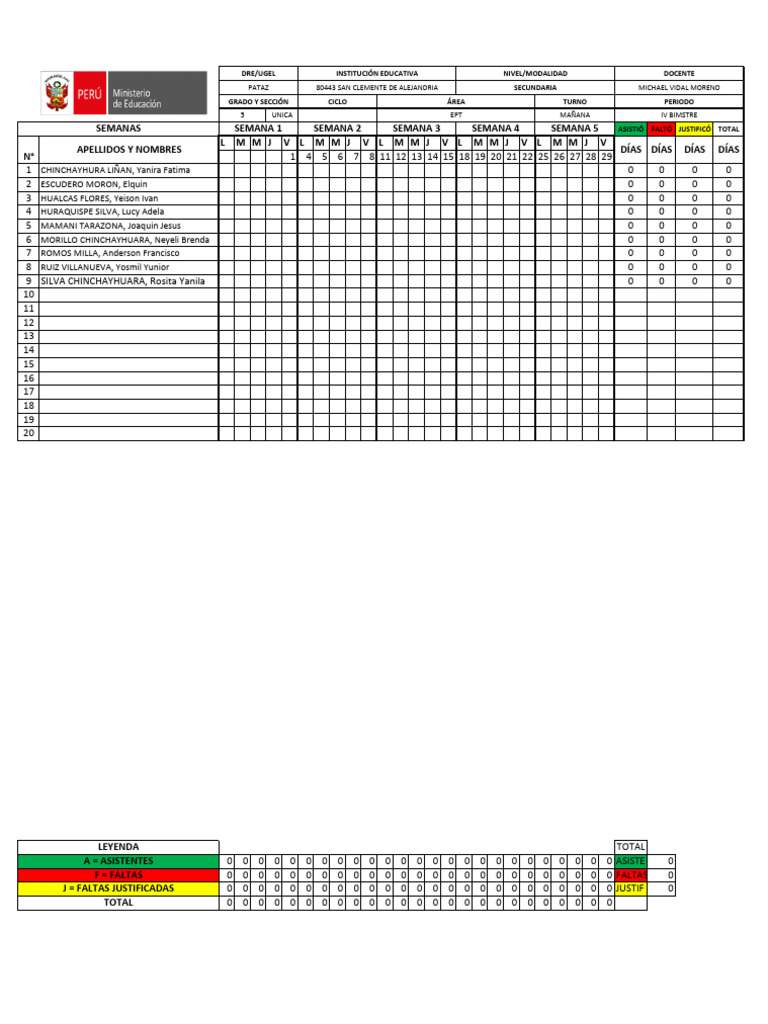 Registro de Asist. Ept 5 Grado | PDF