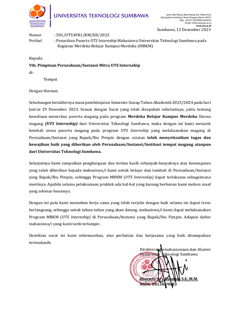 501 - Penarikan Peserta UTS Internship Mahasiswa Universitas Teknologi ...