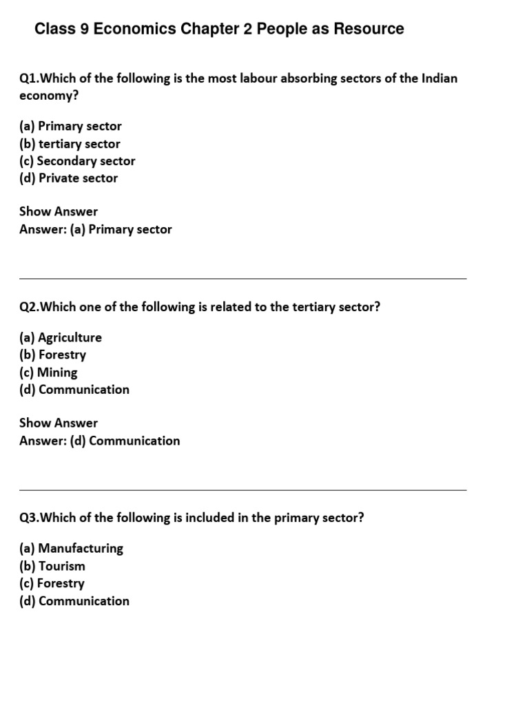 Class 9 Economics Chapter 2 People As Resource | PDF