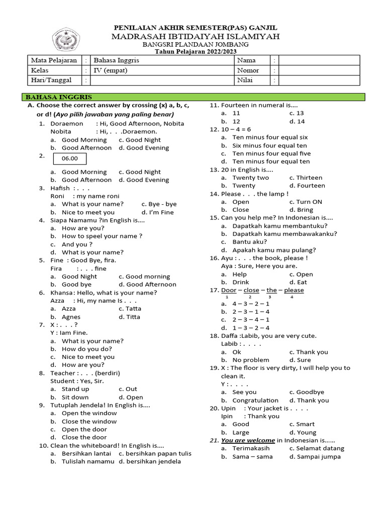 PAS Bhs Inggris Kls 4 | PDF