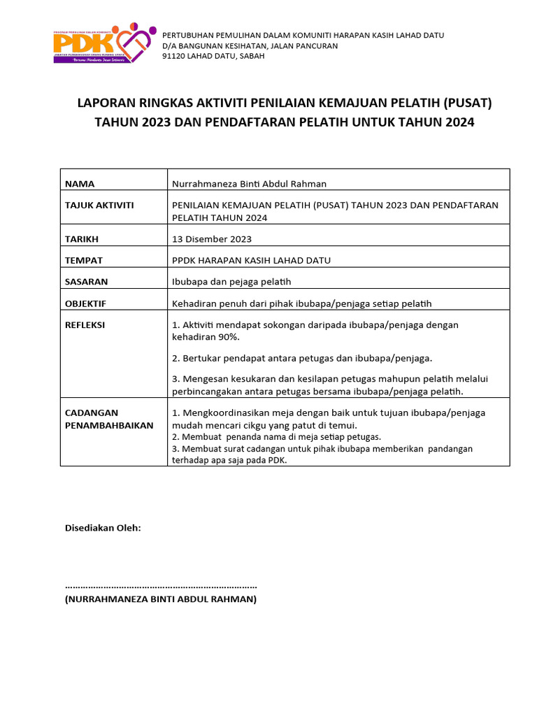 LAPORAN RINGKAS AKTIVITI PENILAIAN KEMAJUAN PELATIH | PDF