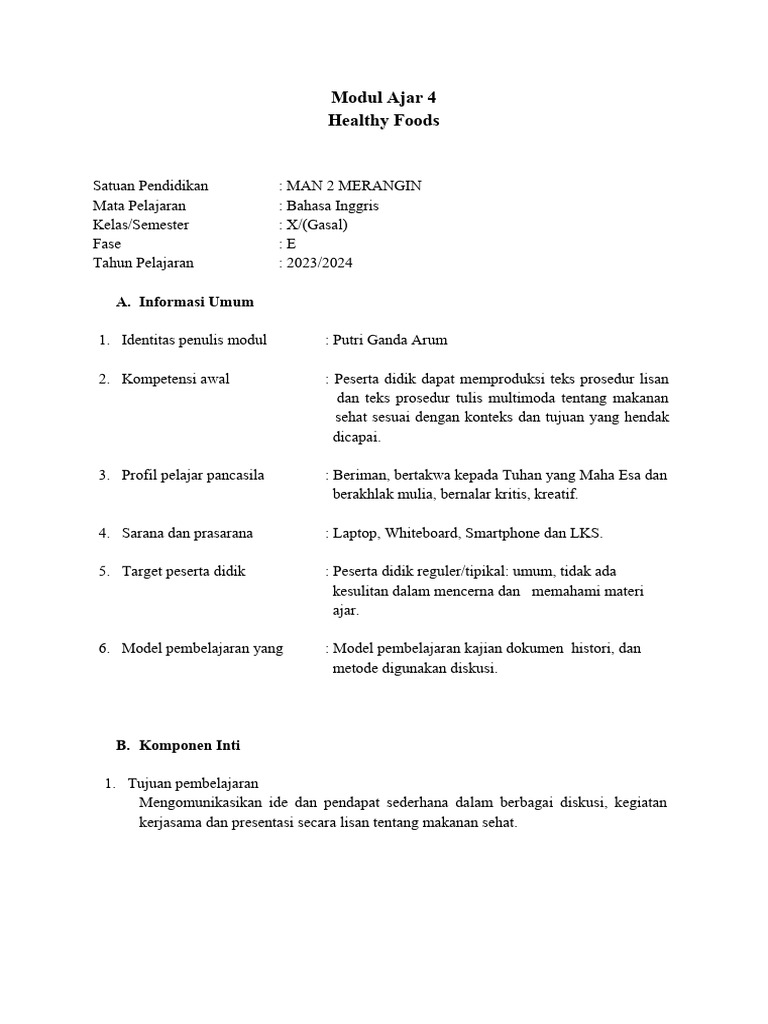 Modul Ajar 4 HEALTHY FOODS 5-6 | PDF