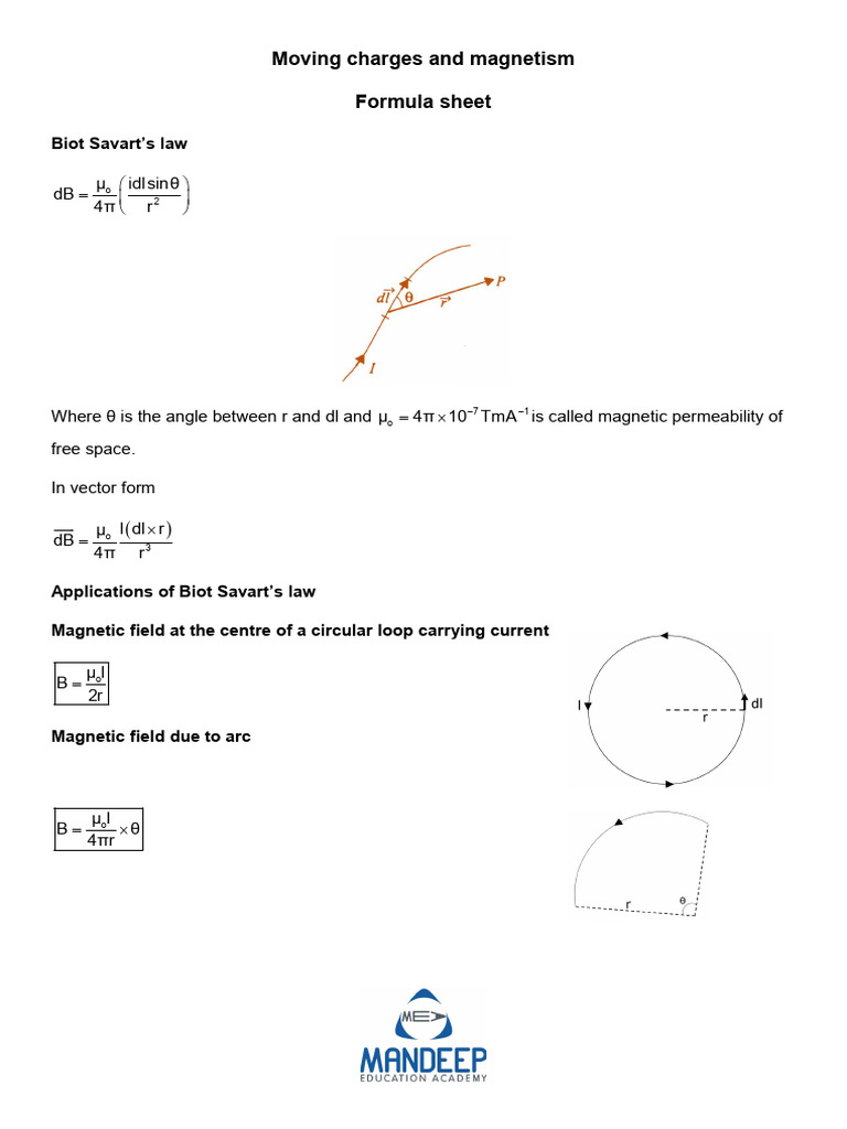 Moving Charges and Magnetism Formula Sheet | PDF | Magnetic Field | Force