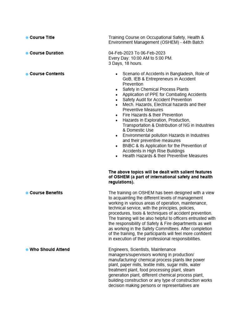 OSHEM Training Course for Safety Managers | PDF | Occupational Safety And Health | Hazards