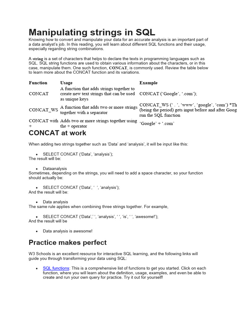 Manipulating Strings in SQL | PDF | String (Computer Science) | Sql Manipulating Strings in SQL | PDF | String (Computer Science) | Sql