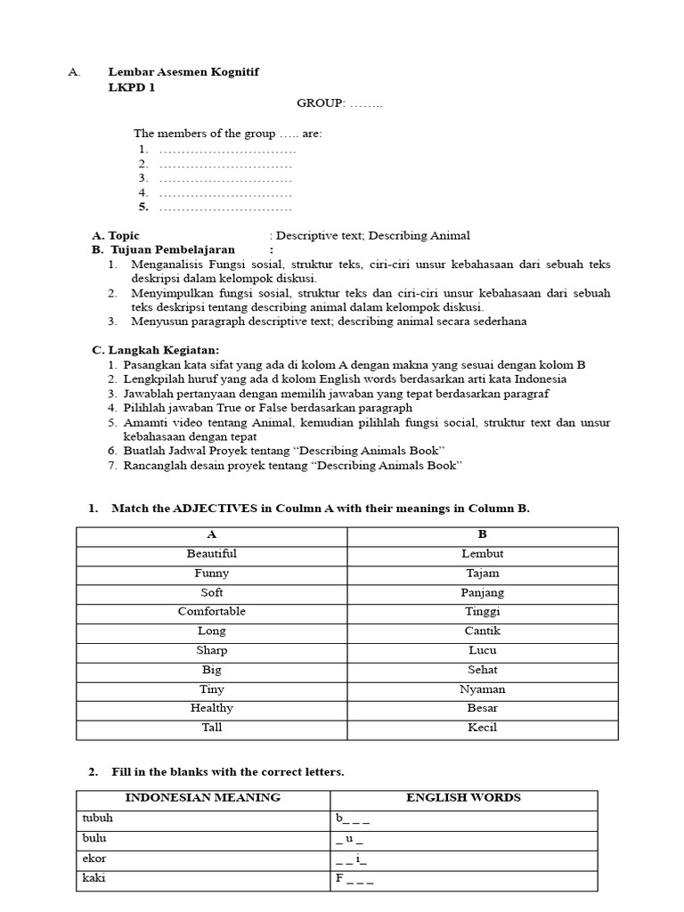 LKPD Descriptive Text | PDF | Cats | Lion