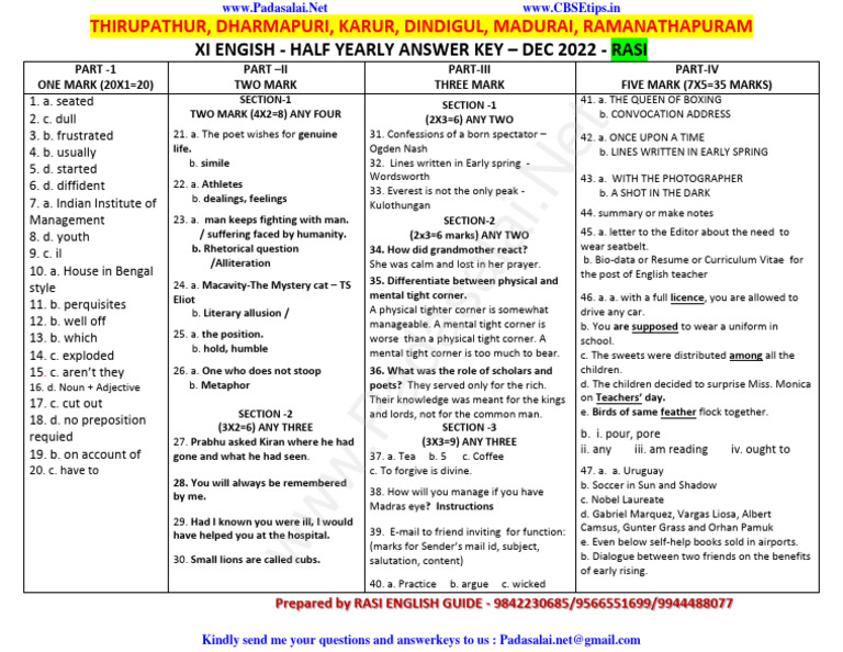 11th English Half Yearly Answer Key 2022 | PDF
