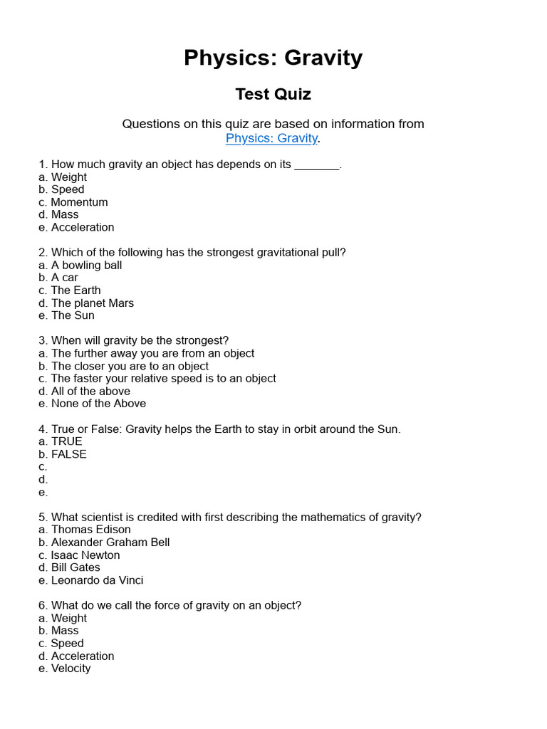 Gravity Quiz. | PDF