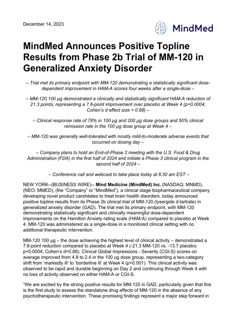 MindMed Announces Positive Topline Results From Phase 2b Trial of MM ... MindMed Announces Positive Topline Results From Phase 2b Trial of MM ...