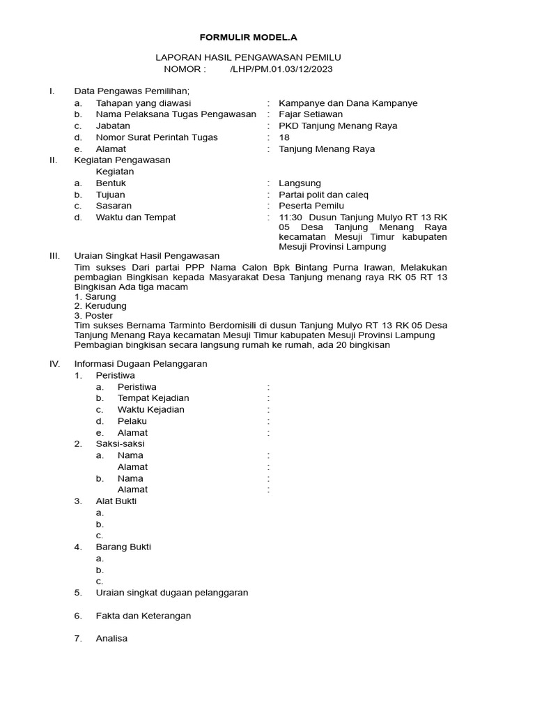 FORM A Fajar Setiawan TANGGAL 03 Desember 2023 | PDF
