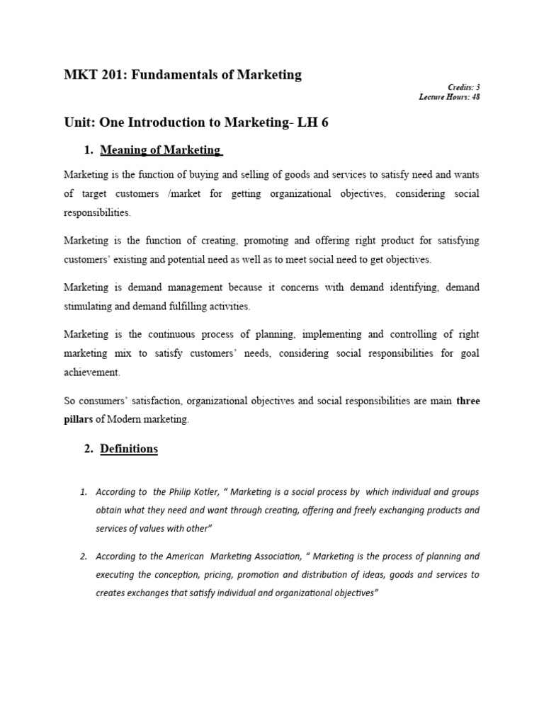 Unit 1 1 Introduction To Marketing Pdf Marketing Customer