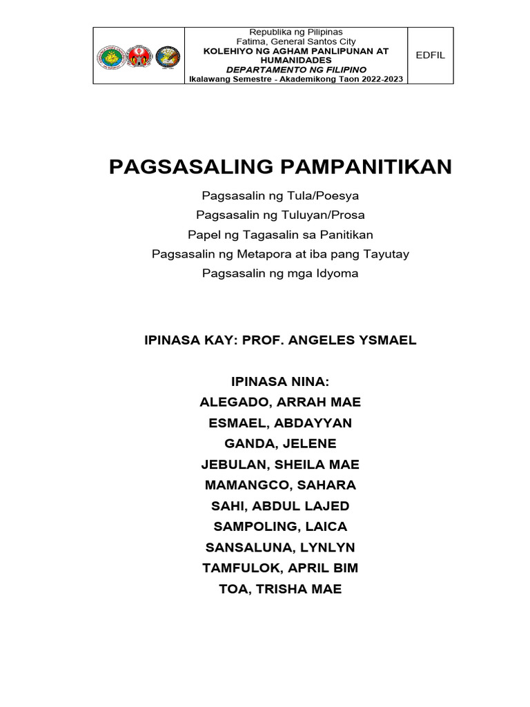 Sanayang Aklat Fil123 Ikatlong Pangkat Ulat Papel | PDF