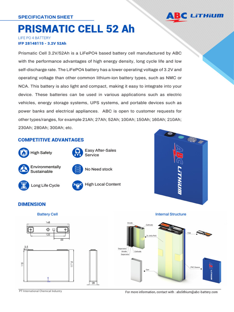 Specsheet - Prismatic Cell 3.2V52Ah | PDF | Energy Storage | Electricity