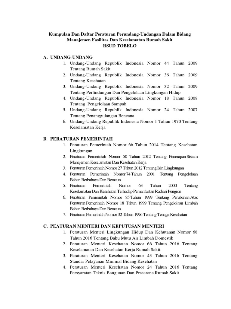 Kumpulan Dan Daftar Peraturan Dan Perundangan RS | PDF