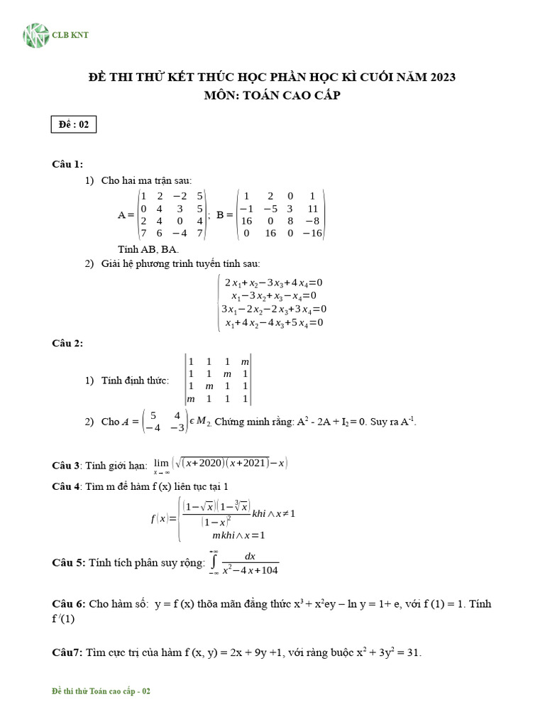 Đề thi thử TCC số 2 | PDF