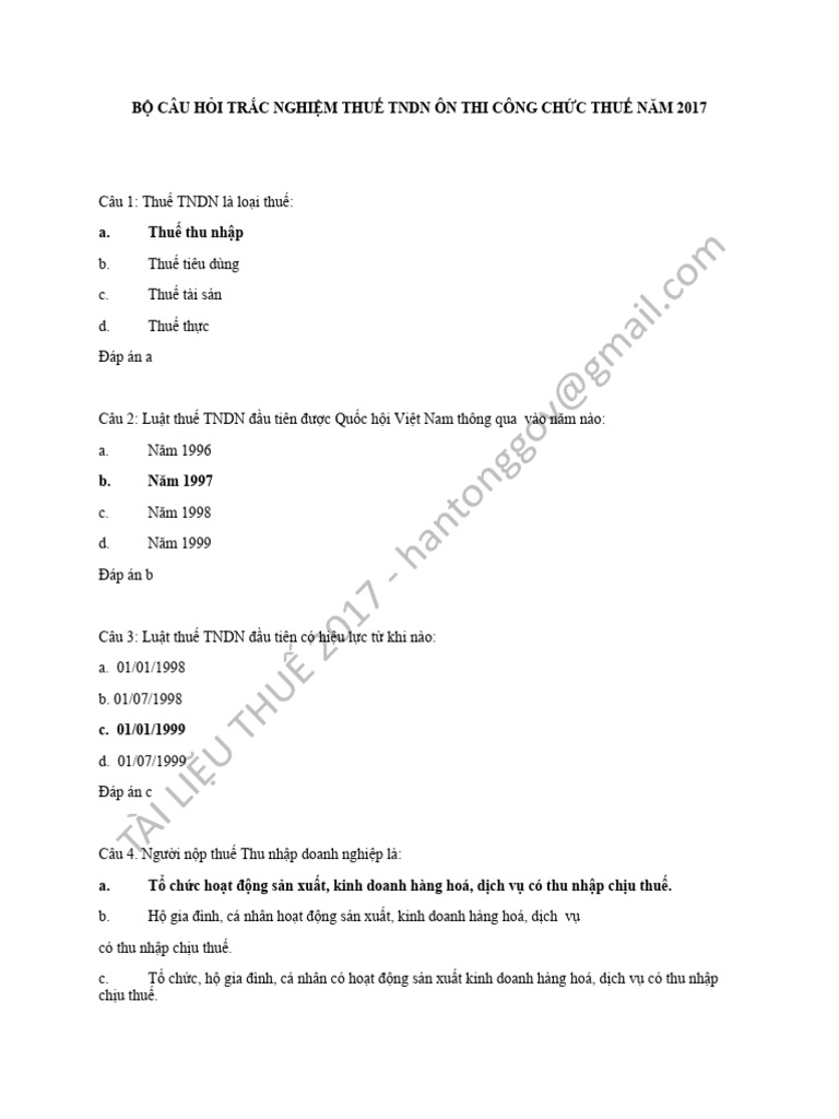 BỘ CÂU HỎI TRẮC NGHIỆM THUẾ TNDN 2017- A | PDF
