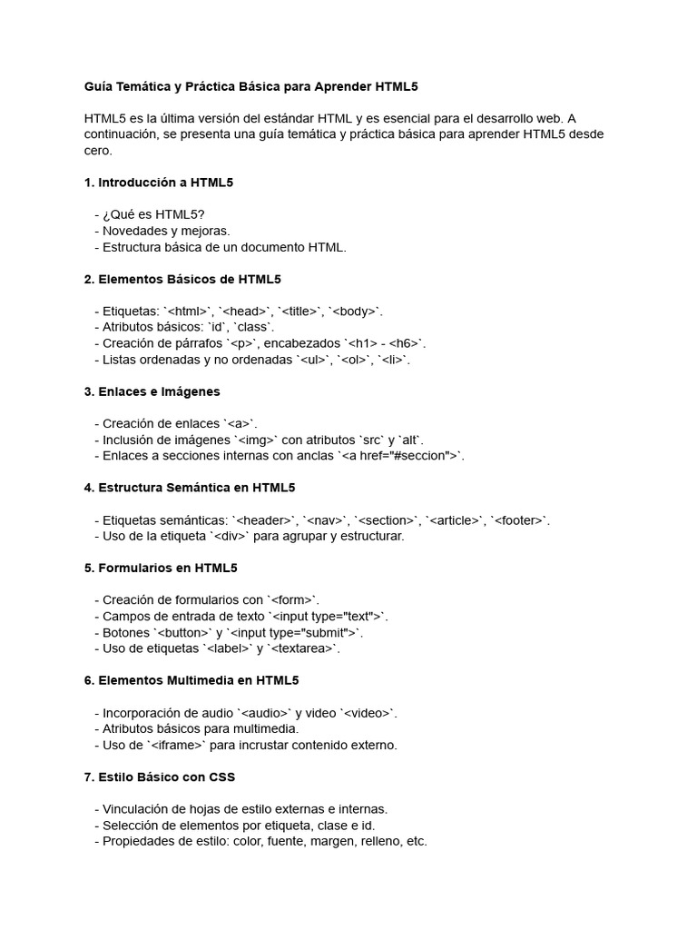 Guía Temática y Práctica Básica para Aprender HTML5 | PDF | HTML | HTML5