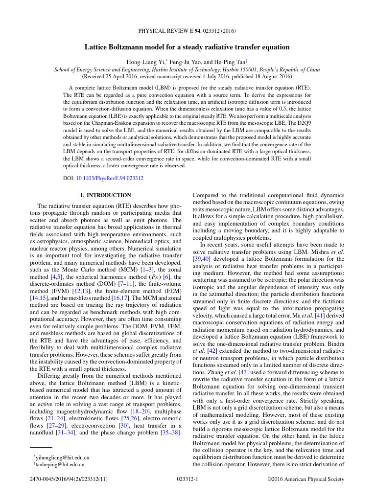 2016 Lattice Boltzmann Model For A Steady Radiative Transfer Equation Pdf Diffusion Physics