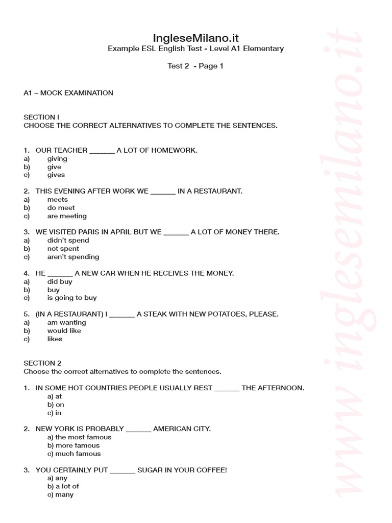 A1 English Test for Beginners | PDF | Vatican City | Italy