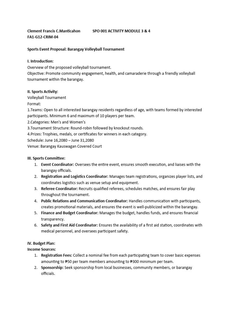 Barangay Volleyball Tournament Budget | PDF | Tournament