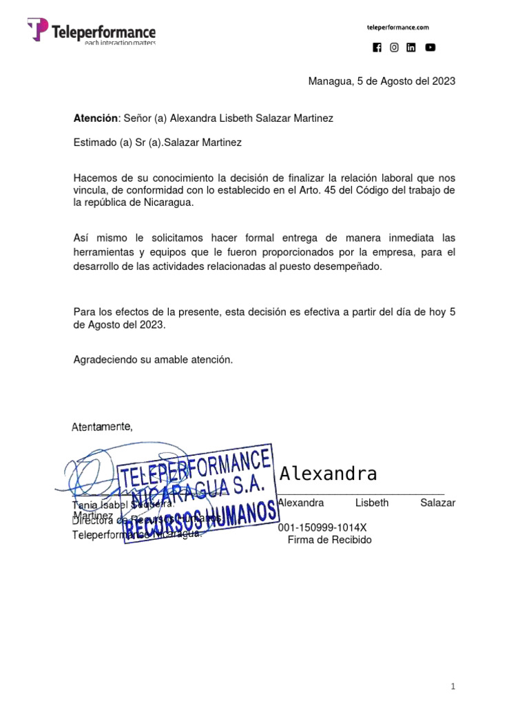 Carta Articulo 45 Alexandra Lisbeth Salazar Martinez | PDF