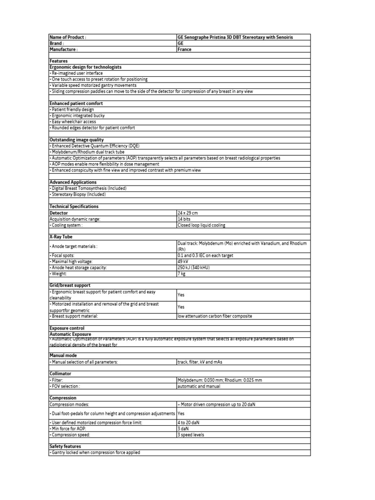 Tech Spec Senographe Pristina 3D DBT Stereotaxy With Senoiris | PDF
