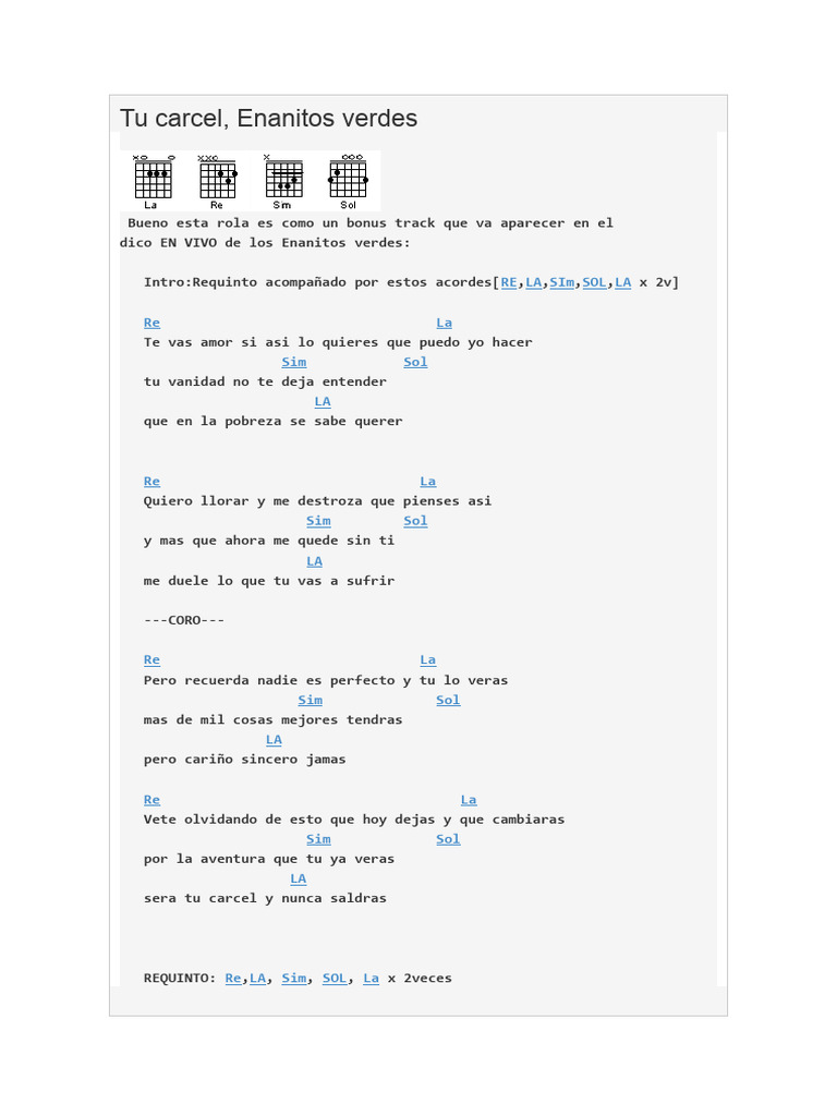 Acordes de "Tu Cárcel" Enanitos Verdes | PDF