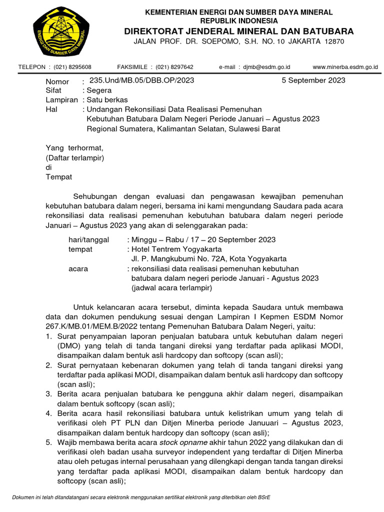 Undangan Rekon DMO Regional Sumatra, Kalsel, Sulawesi | PDF