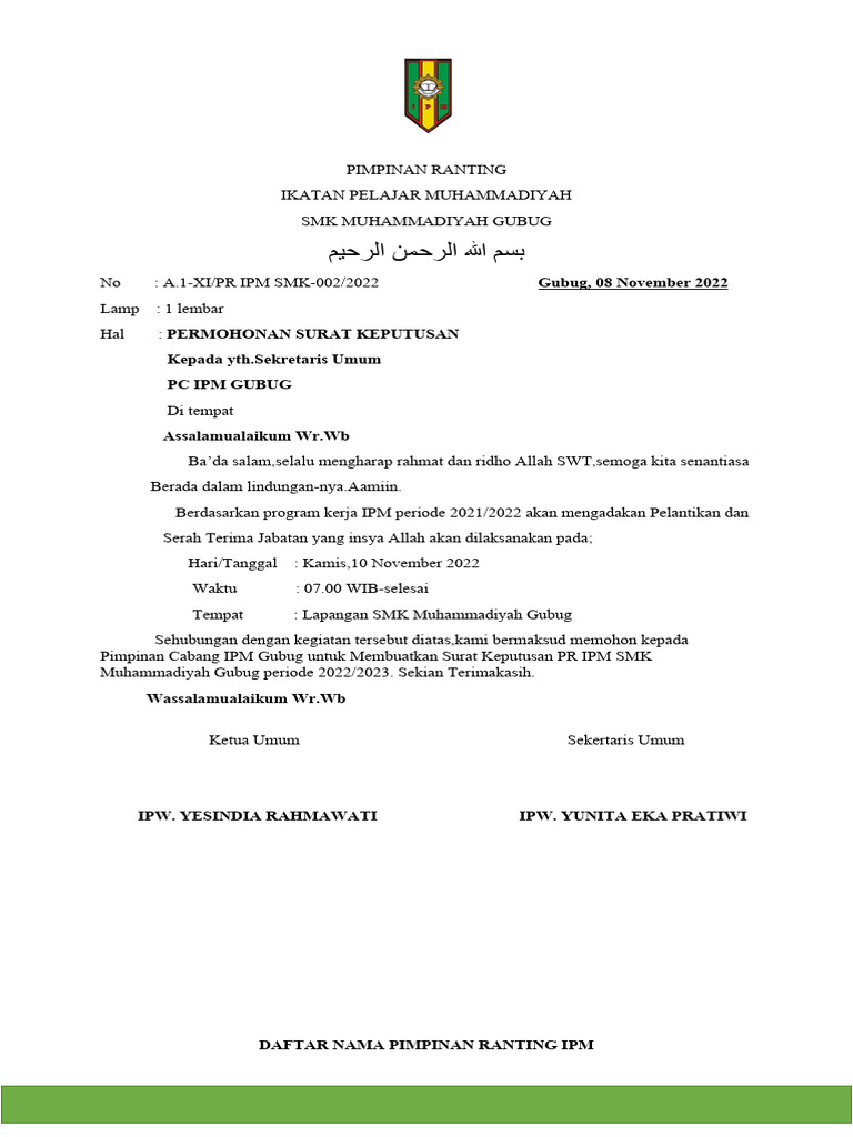 Surat Permohonan & Undangan PC IPM GUBUG-1 | PDF