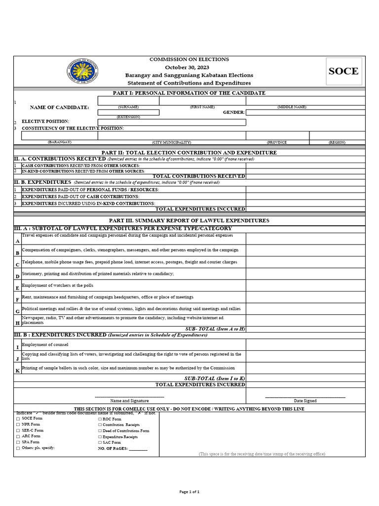 SOCE2023BSKEFORMS_FORM1_ | PDF | Expense | Elections