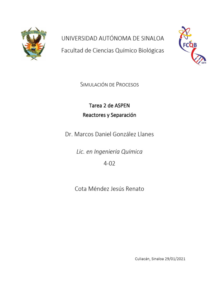 Tarea 2 Aspen (Reactores y Separación) | PDF | Combustión | Reactor Quimico