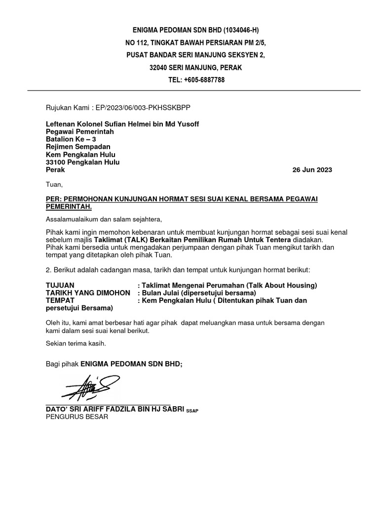Surat Permohonan Kunjungan Hormat - Kem Pengkalan Hulu | PDF