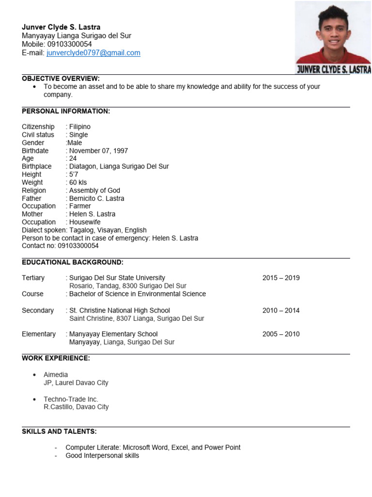 Curriculum Vitae - Junver Clyde S. Lastra | PDF