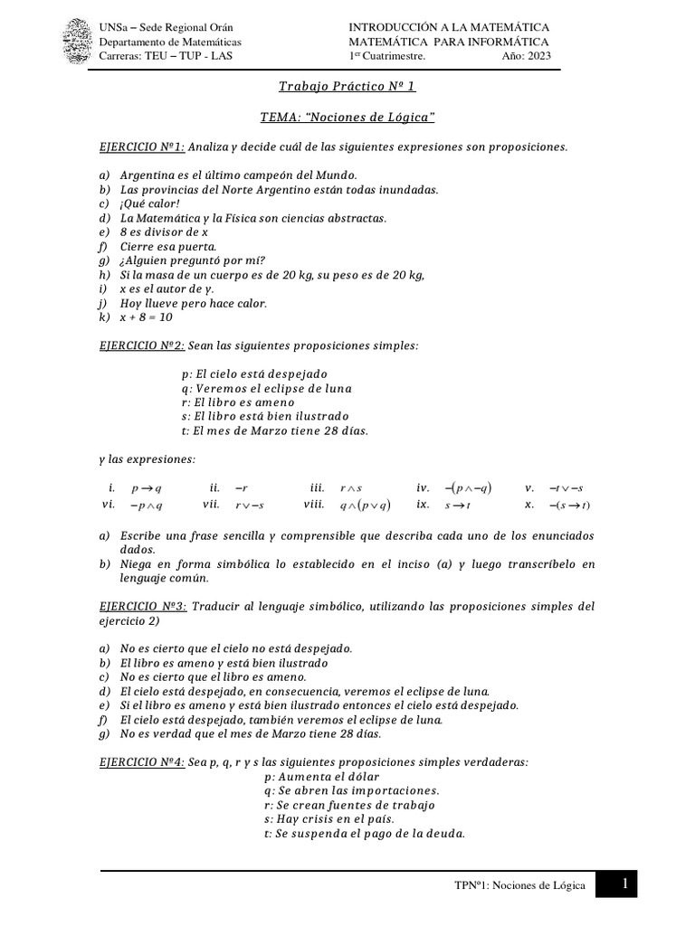 TP - 1 - Nociones de Logica | PDF | Proposición | Prueba matemática